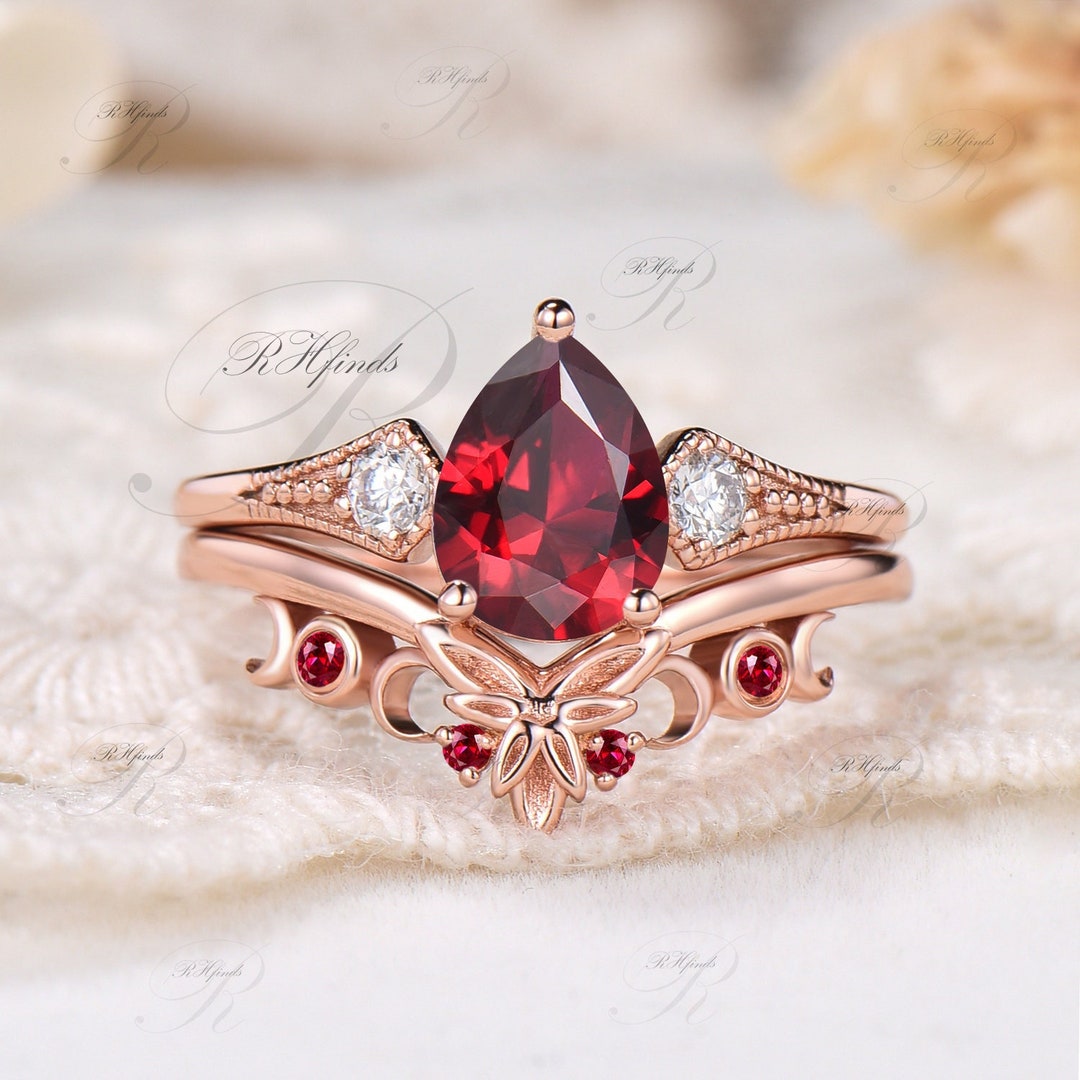 Vintage Teardrop Ruby Engagement Ring Set Milgrain Three Stone - Etsy