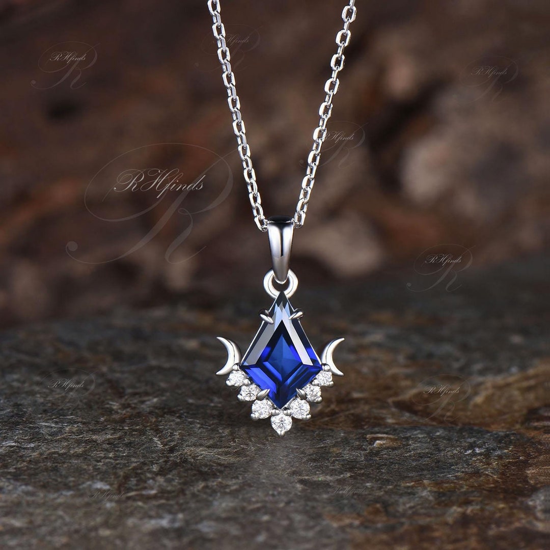 Minimalist Kite Cut Blue Sapphire Necklace Unique Moissanite Moon ...