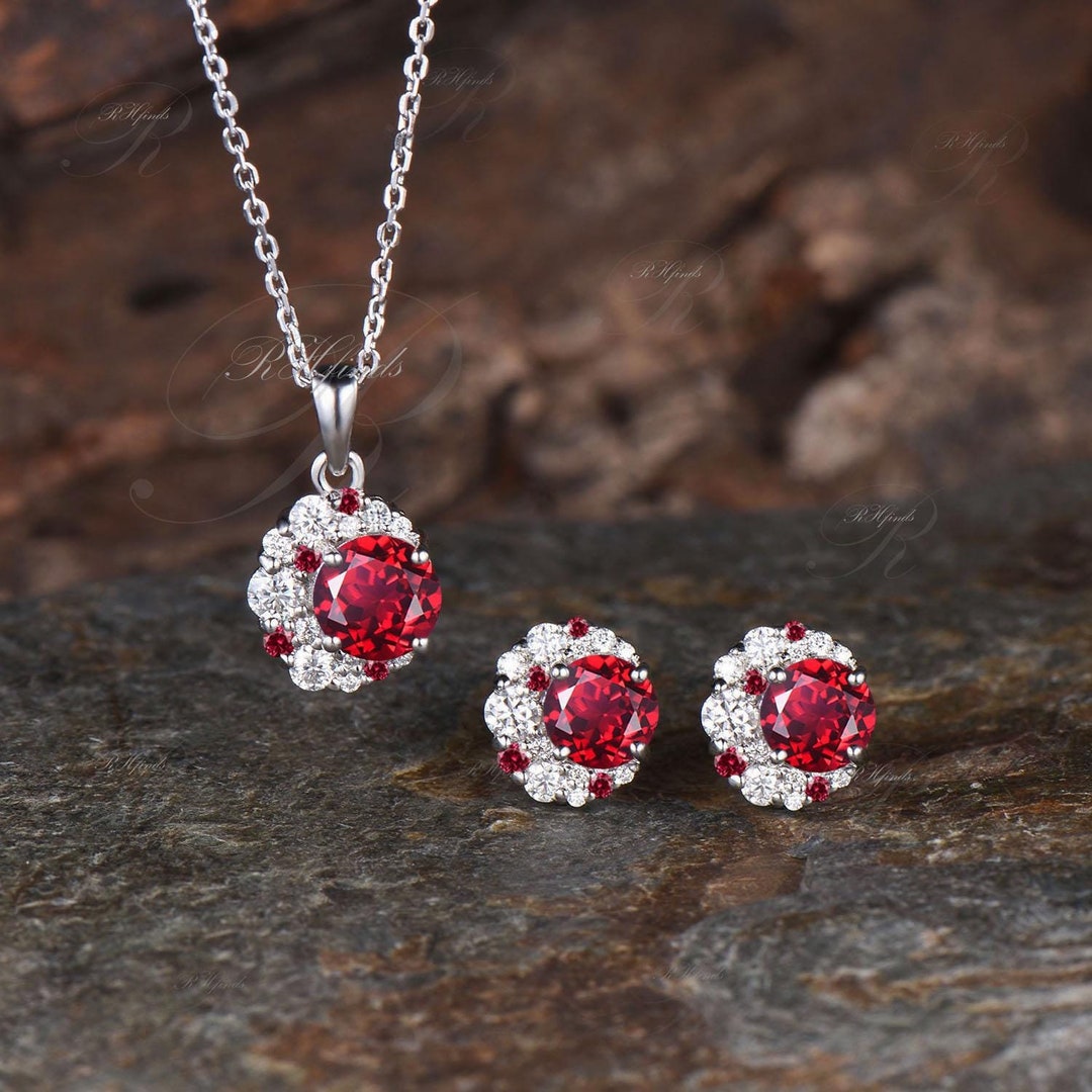 Art Deco Round Cut Ruby Anniversary Jewelry Set Minimalist July ...