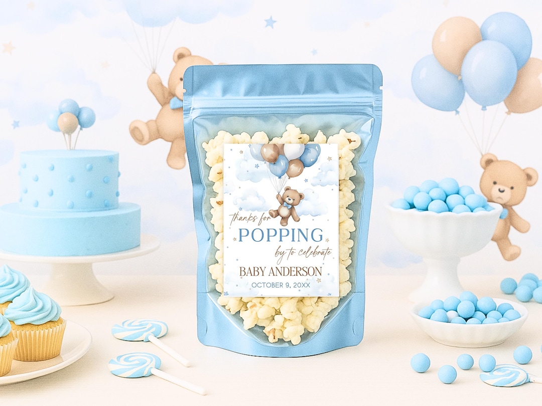 Teddy Bear Baby Shower Popcorn Label: Blue Balloon Theme (3x4 Inch ...