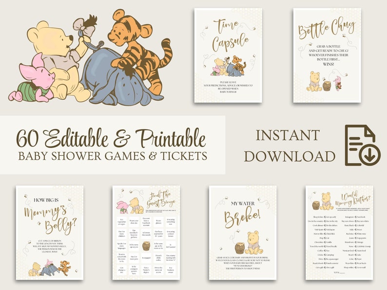 Winnie the Pooh Baby Shower Games Bundle: 60 Printable Games (digital ...