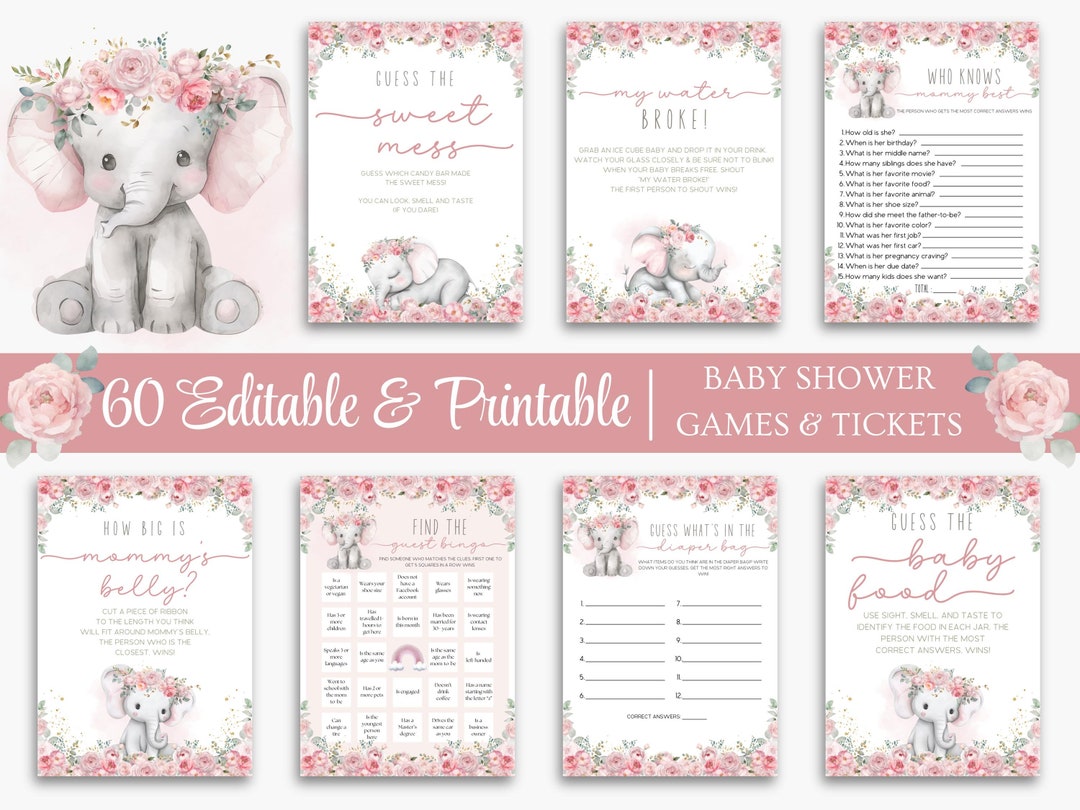 Pink Elephant Baby Shower Games Bundle: Floral Theme (digital Download ...