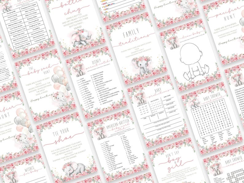 Pink Elephant Baby Shower Games Bundle: Floral Theme (digital Download ...