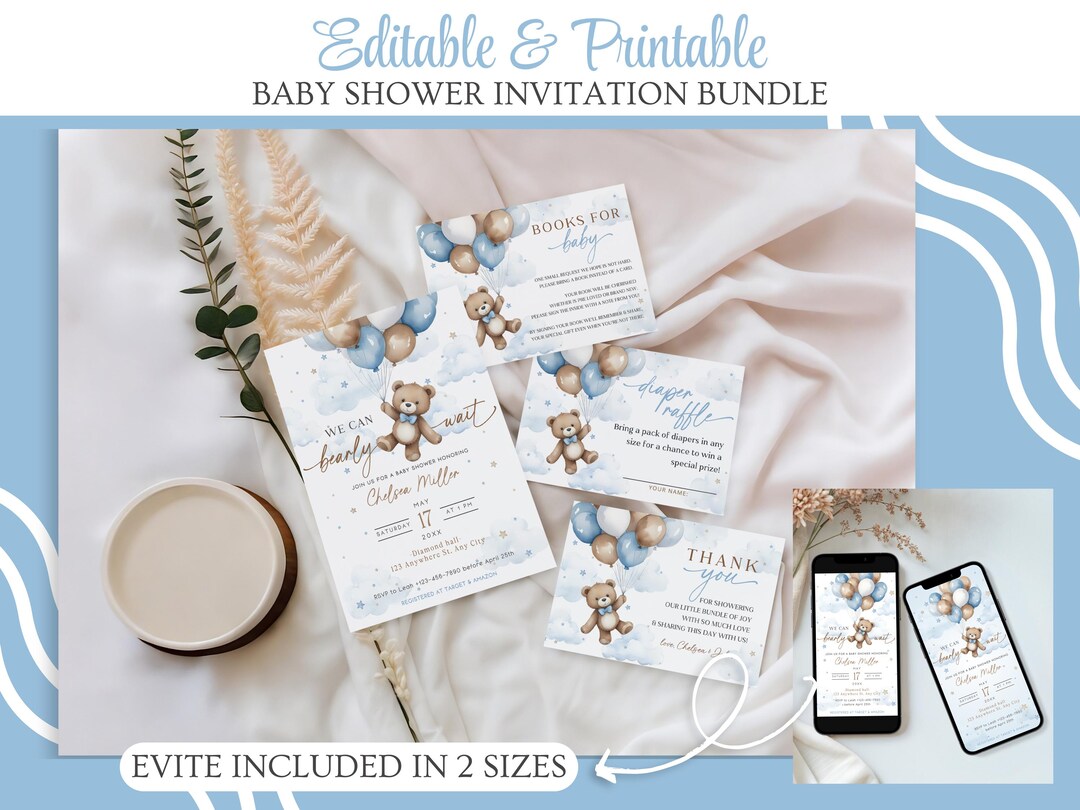 Teddy Bear Baby Shower Invitation Bundle: Editable Printable (digital ...