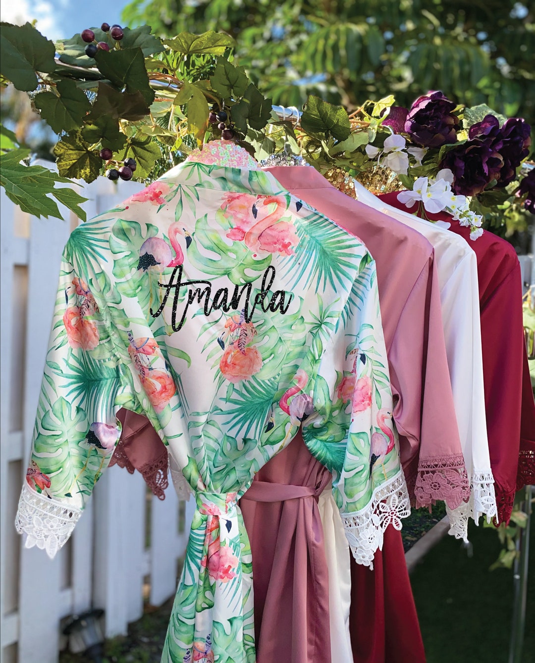 Tropical Leaf Flamingo Robes, Bridesmaid Gift, Wedding Kimono ...
