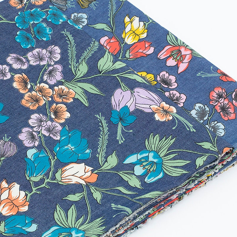 Thin Soft Floral Print Denim Fabric Wash Jeans Fabric Handmade - Etsy