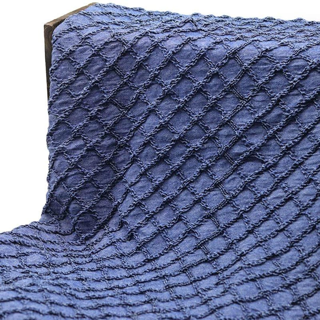 Elastic Embroidered Washed Denim Fabric Diamond Check Blue Soft Denim ...