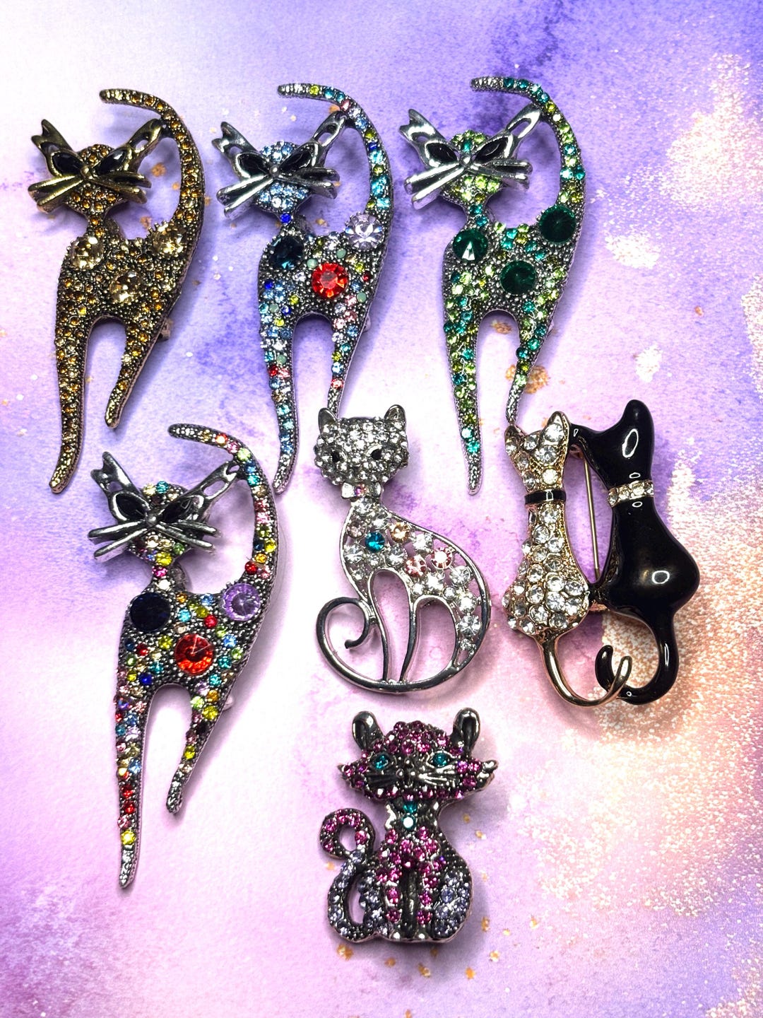 Art Deco Rhinestone Cat Broaches Pins Sparkling Vintage Style Kitty ...