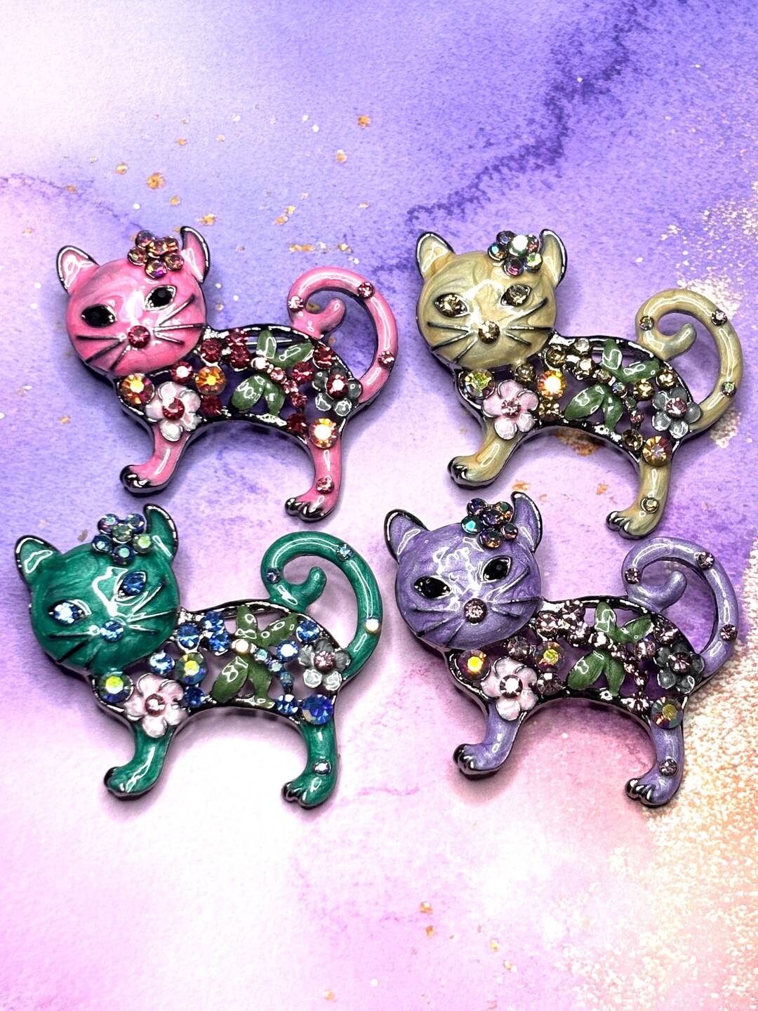 Rhinestone and Enamel Cat Broaches Pins Sparkling Kitty Jewelry ...