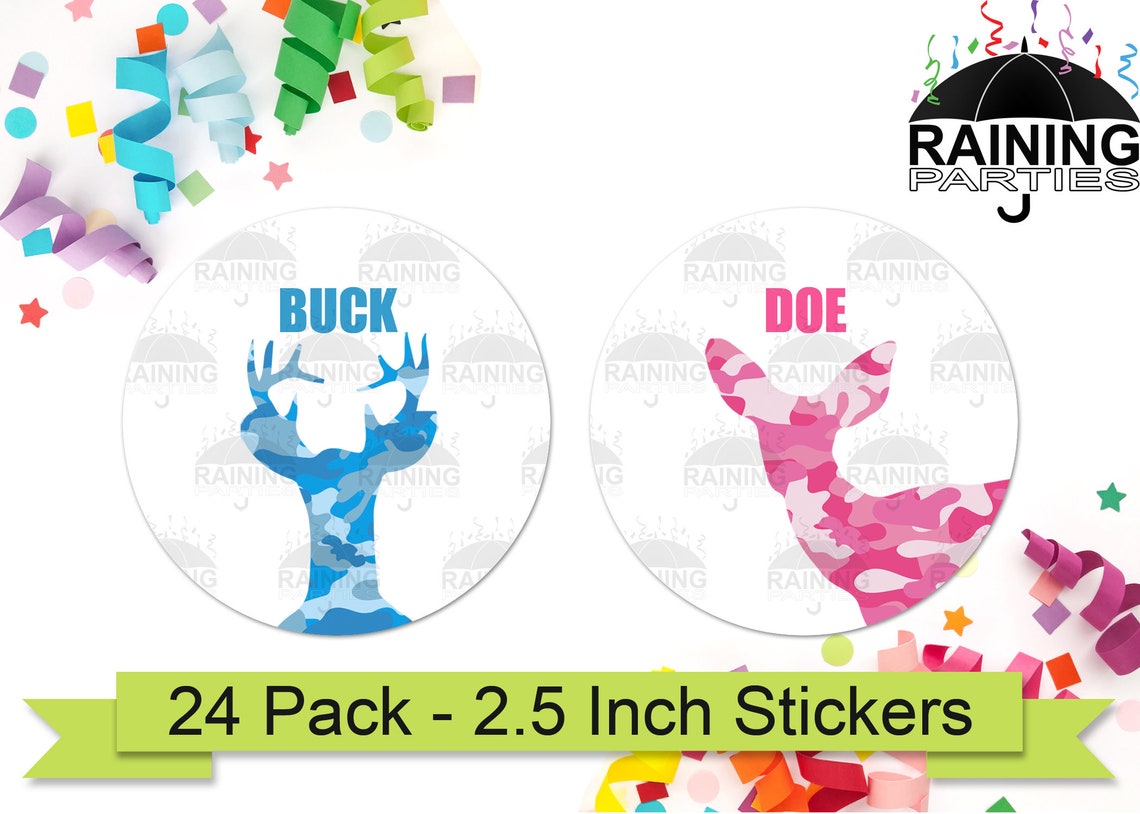 Camo Blue Buck or Pink Doe Gender Reveal Party Stickers (24 Pack) 2.5 ...
