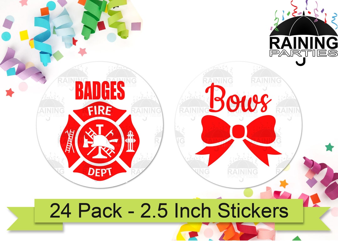 Firefighter Badges or Red Bows Gender Reveal Party Stickers (24 Pack) 2 ...