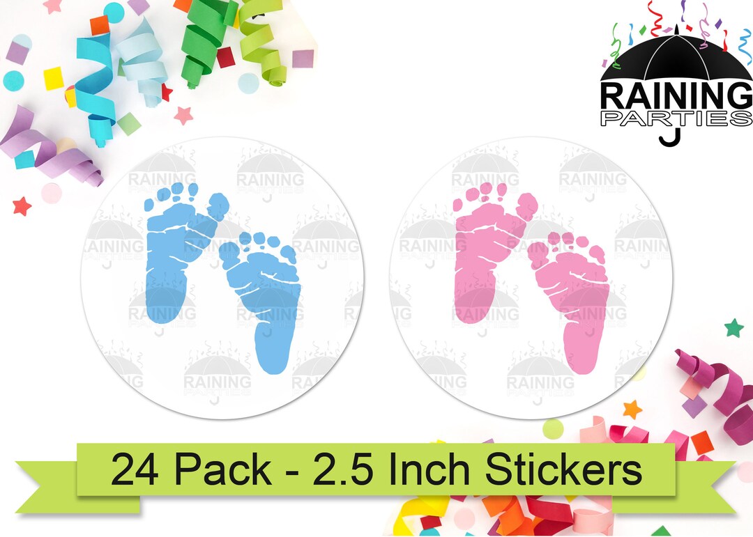 Footprints Gender Reveal Party Stickers (24 Pack) Baby Feet 2.5" Circle ...