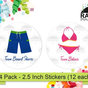 Team Board Shorts Bikinis Summer Gender Reveal Party Stickers (24 Pack ...