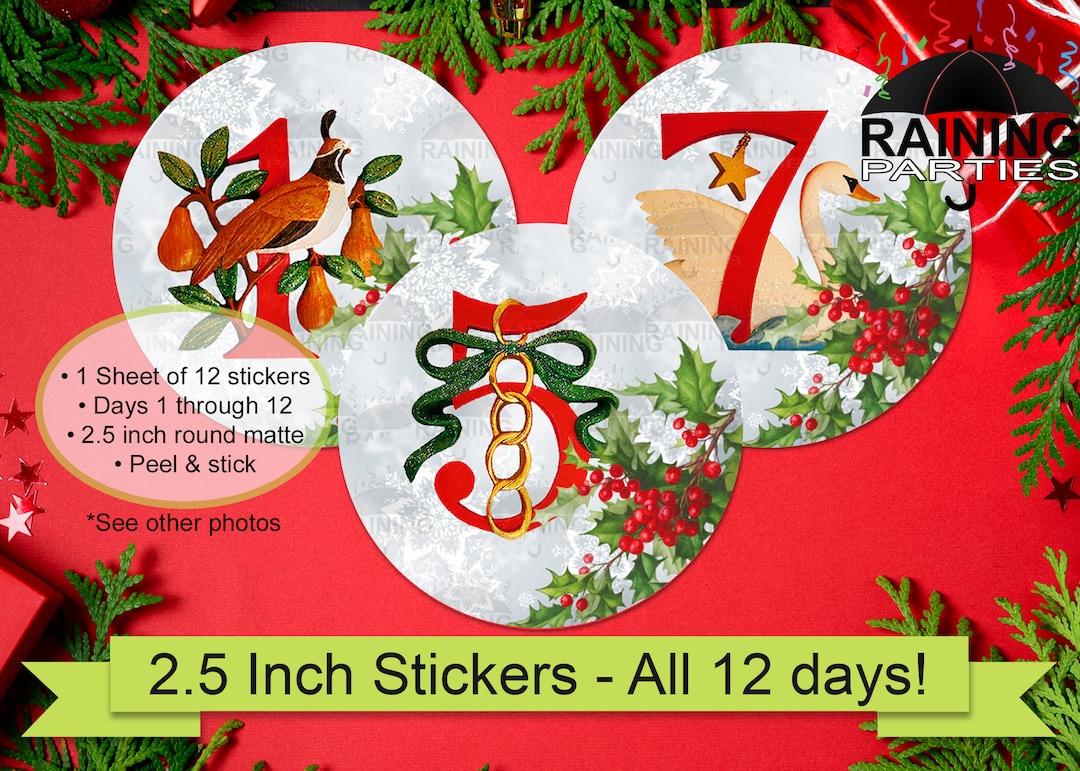 12 Days of Christmas Stickers, Happy Holidays Gift Tags, Present ...