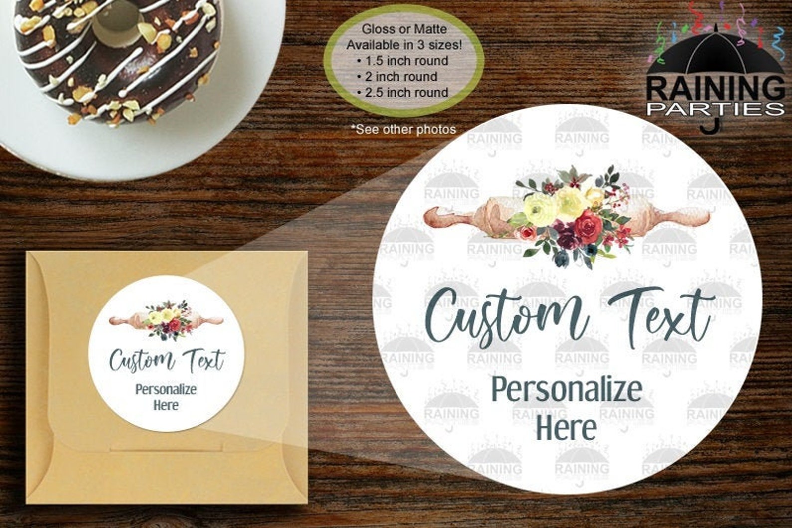 Personalized Bakery Business Stickers, Floral Rolling Pin Labels, Baker ...