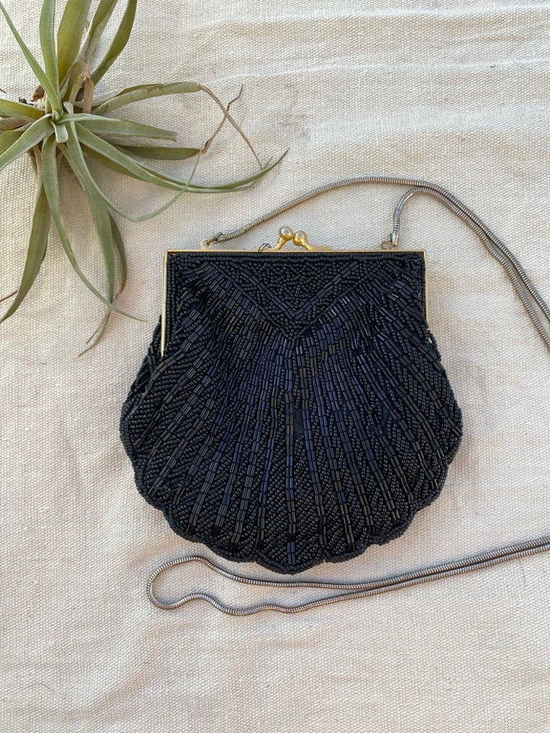 Vintage 1980s Black Clamshell 80s Clutch Evening Bag Purse Gold Black ...