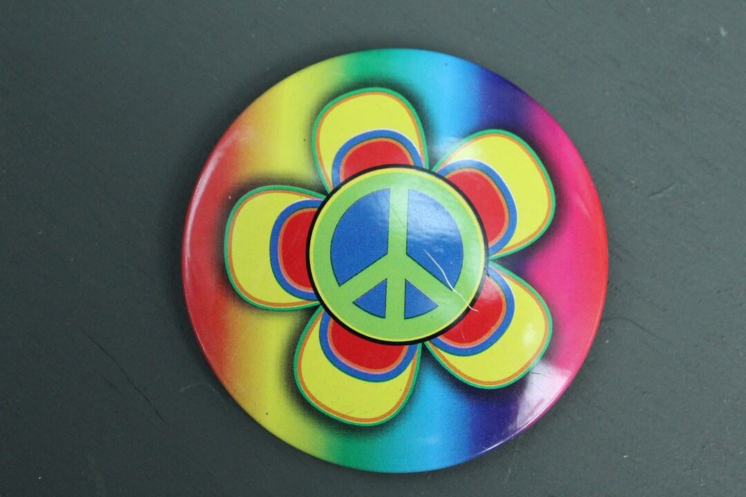 Vintage 1970's Hippie Tie Dye Peace Sign Pin 70s Metal Floral Flower ...