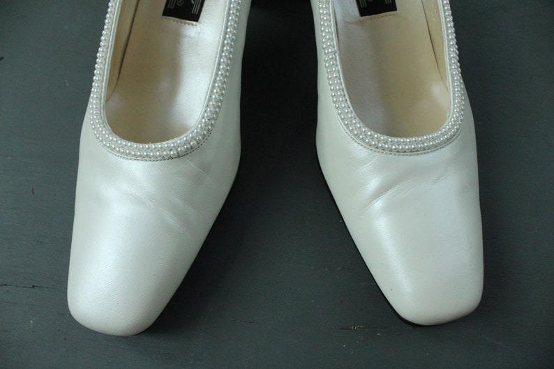 Vintage 1980s White Leather Pearl Wedding High Heel 80s Women Size ...
