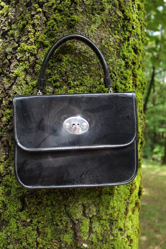 Vintage 1950s black vinyl purse handbag mini bag meta… - Gem