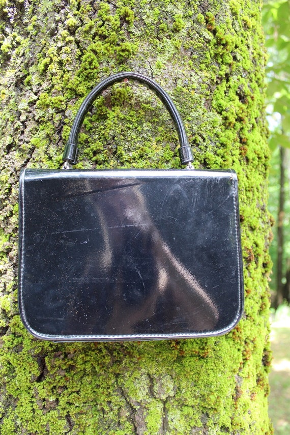 Vintage 1950s black vinyl purse handbag mini bag meta… - Gem