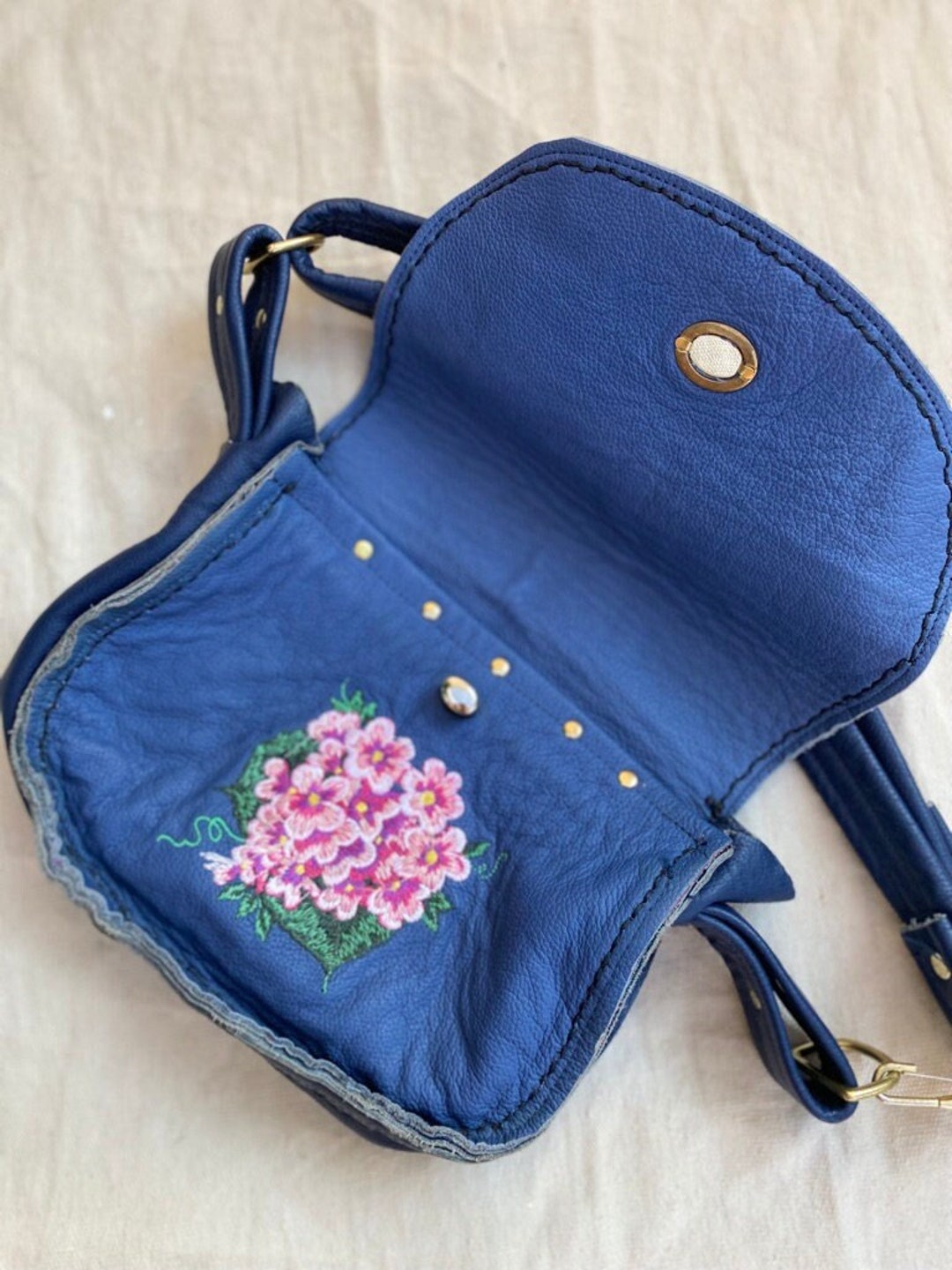Vintage 1990s Blue Leather Stud Handbag Shoulder Purse Bag Floral ...