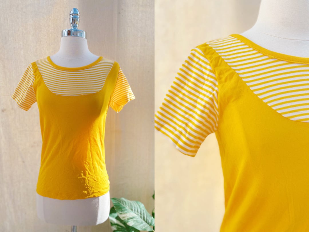 Vintage 1970s Retro Bright Neon Yellow Stripe Shirt T-shirt Tee Top ...