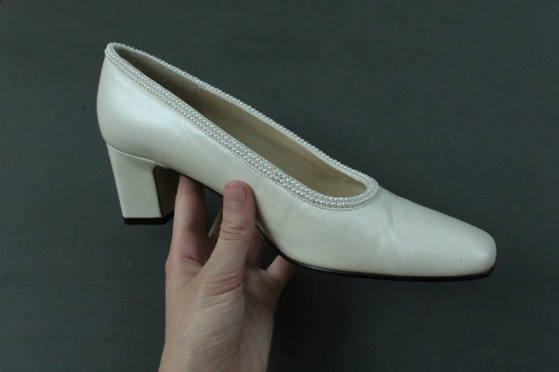 Vintage 1980s White Leather Pearl Wedding High Heel 80s Women Size ...