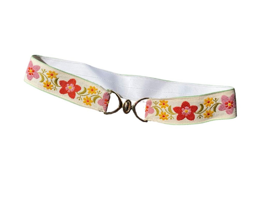 Vintage Embroidered Flower Floral Strap Brass Gold White Red Pink ...