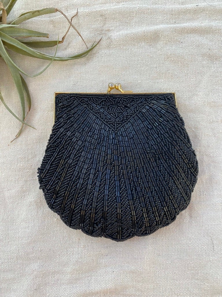 Vintage 1980s Black Clamshell 80s Clutch Evening Bag Purse Gold Black ...