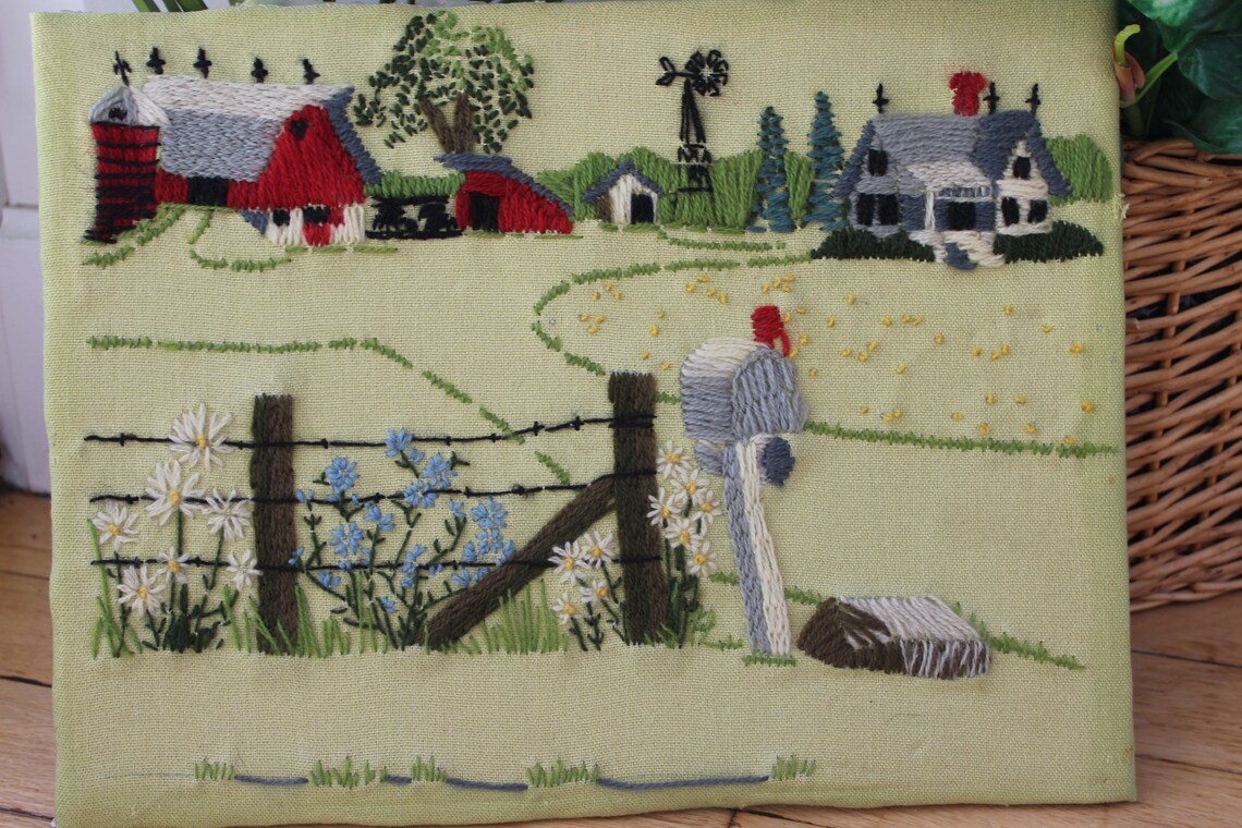 Vintage Embroidered Farm Scene Vintage Embroidery Wall - Etsy