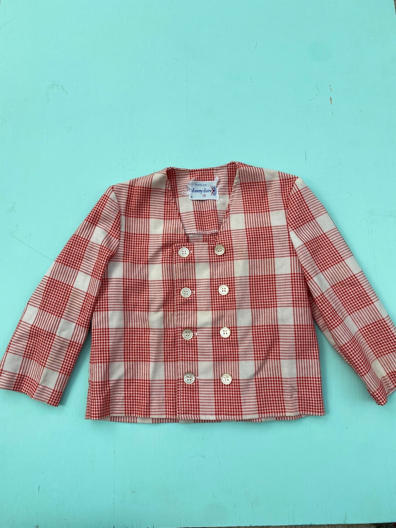 Vintage 1960s Toddler Danny Dare Boy Girl Child Size Three 3 Red White Plaid Stripe Long Sleeve ...
