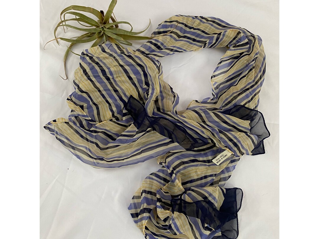 Vintage 1960s Striped Silk Scarf 60s Blue Yellow White Cream Stripe ...