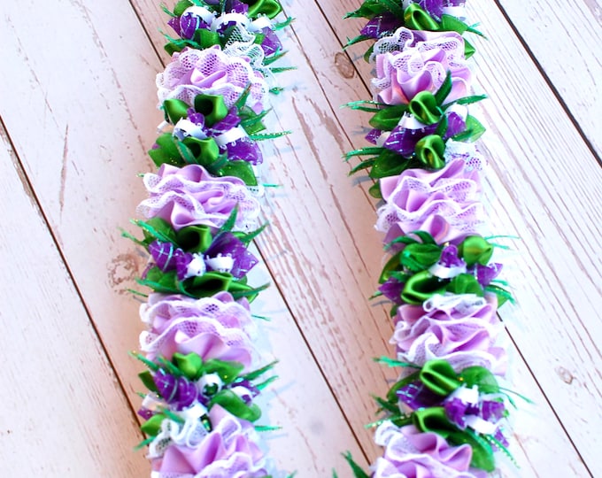 Beautiful Purple White Lace Flower Hawaiian Ribbon Lei for Graduation ...