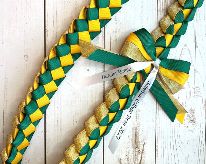 Graduation Lei Green and Gold Yellow Grosgrain Ribbon Personalized - Etsy