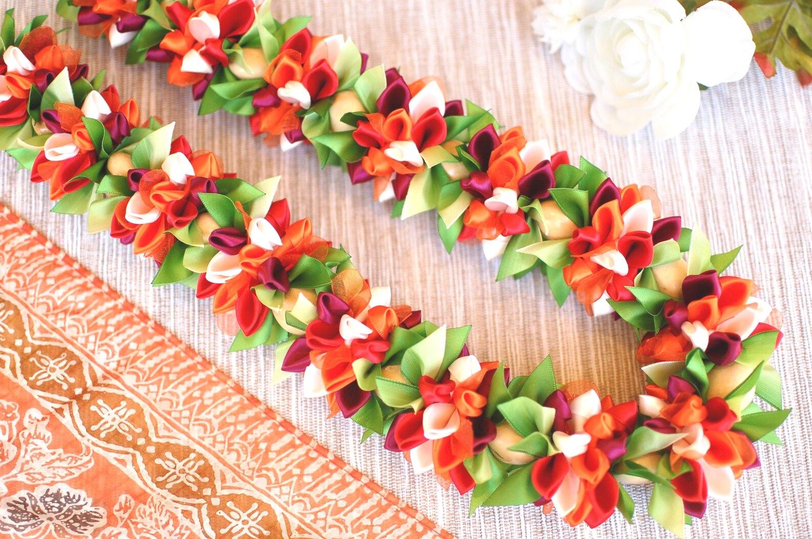 Maroon Orange Ivory Flower Ribbon Lei With Ivory Kukui Nuts for ...