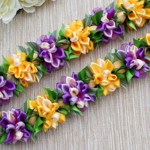 Purple and Yellow Flower Ribbon Lei With Ivory Kukui Nuts for ...