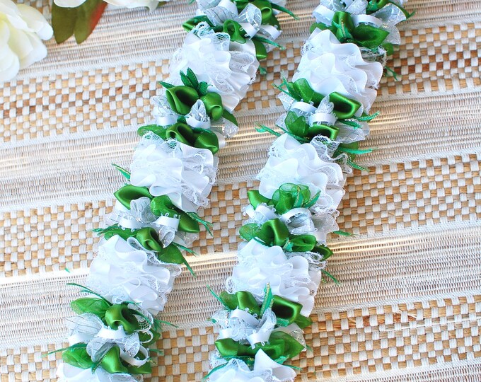 Beautiful Green White Lace Flower Hawaiian Ribbon Lei for Graduation ...