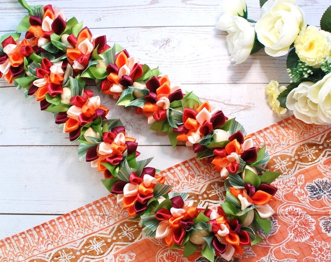 Maroon Orange Ivory Flower Ribbon Lei With Ivory Kukui Nuts for ...