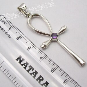 925 Solid Silver Natural Cut AMETHYST Gemstone Well Made Ankh Cross ...