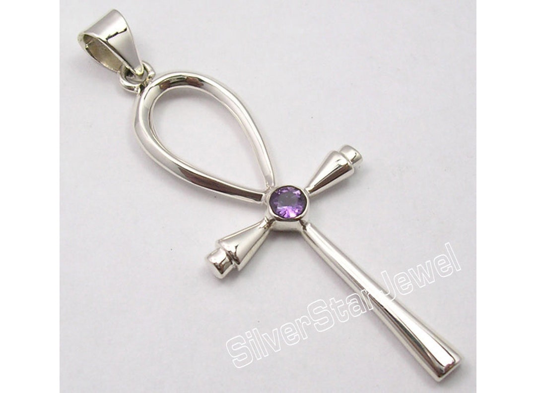925 Solid Silver Natural Cut AMETHYST Gemstone Well Made Ankh Cross ...