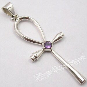 925 Solid Silver Natural Cut AMETHYST Gemstone Well Made Ankh Cross ...