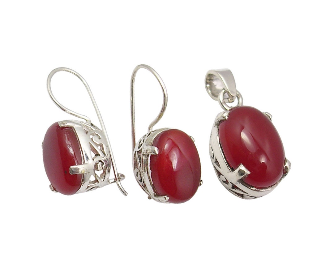 RED Color Pendant Earrings Matching Set 925 Solid Silver CARNELIAN ...