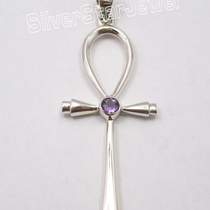 925 Solid Silver Natural Cut AMETHYST Gemstone Well Made Ankh Cross ...