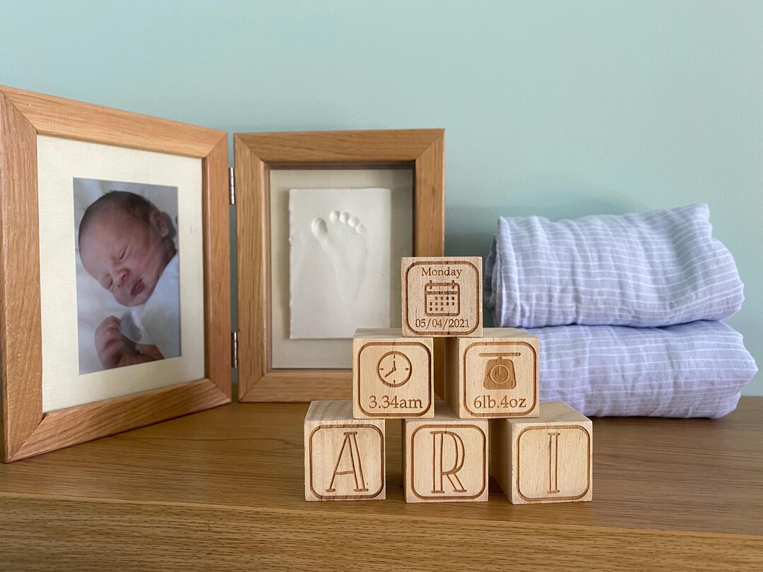 Personalized Wooden Baby Blocks, Custom Engraved Name & Date, Natural ...