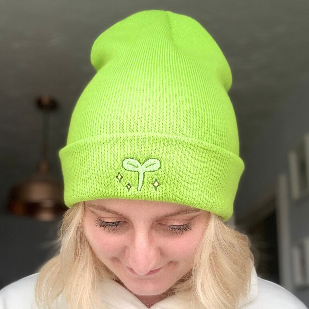 Sprout Embroidery Light Green Beanie Summer Themed Hat Leaf N' Sparkles - Etsy