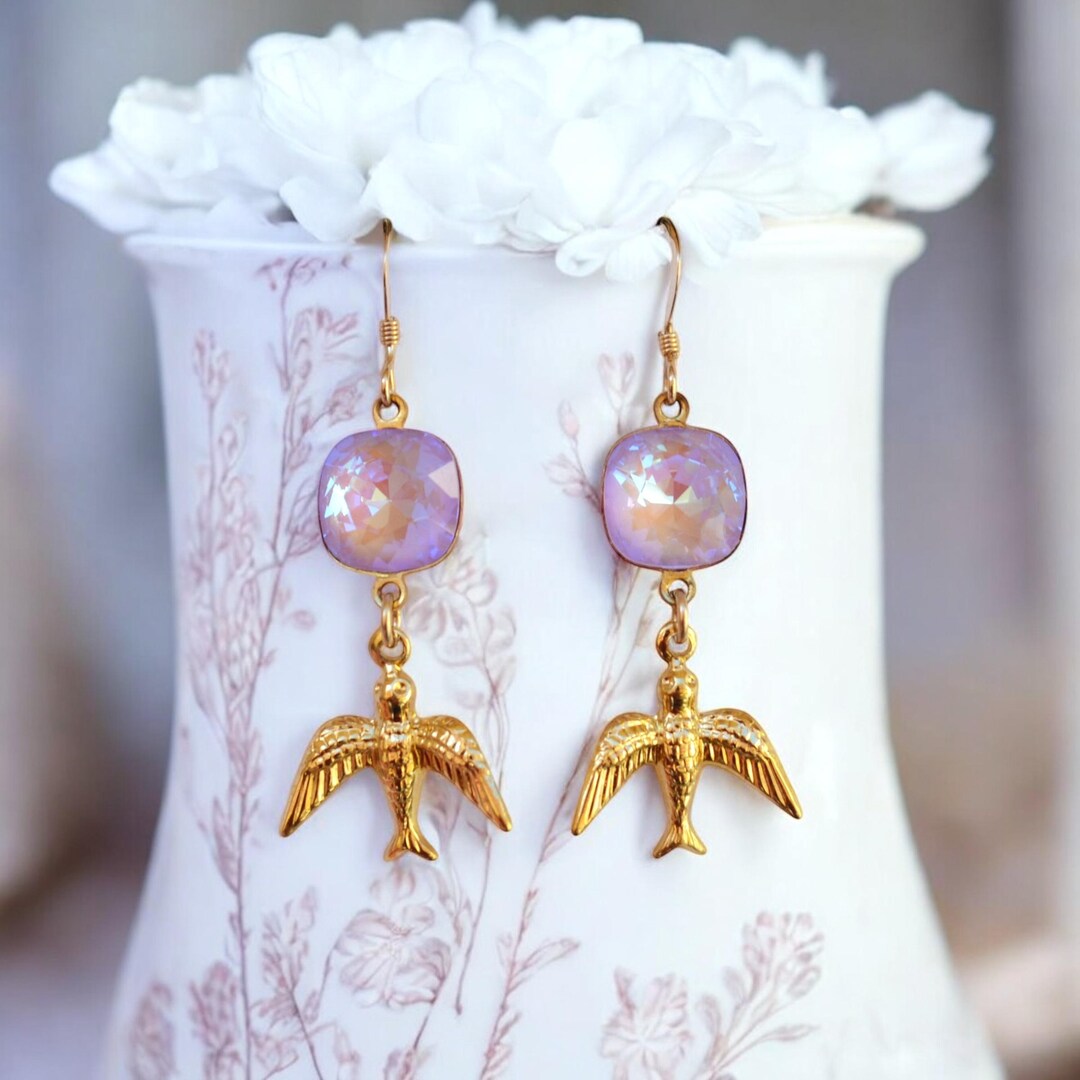 18k Gold-plated Bird Earrings With Crystal, Handmade Cottagecore ...