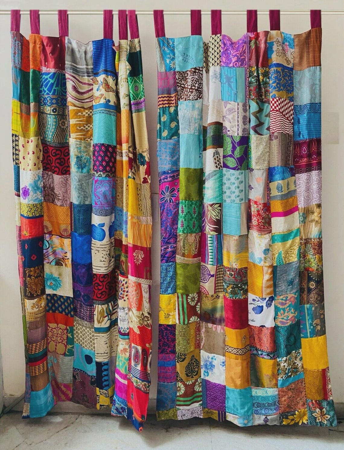 Upcycled Silk Sari Patchwork Curtain Drapes, Patchwork Curtains, Living ...