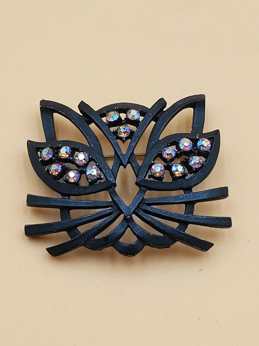 Vintage Coro Black Cat Face Brooch With Ab/iridescent Rhinestones - Etsy
