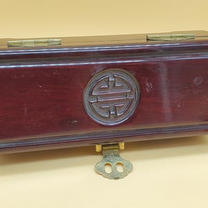 Vintage Asian Style Wooden Jewelry Box With Carved Top Symbol and Brass ...