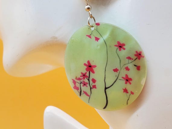vintage painted cherry blossom tree on shell disc ear… - Gem